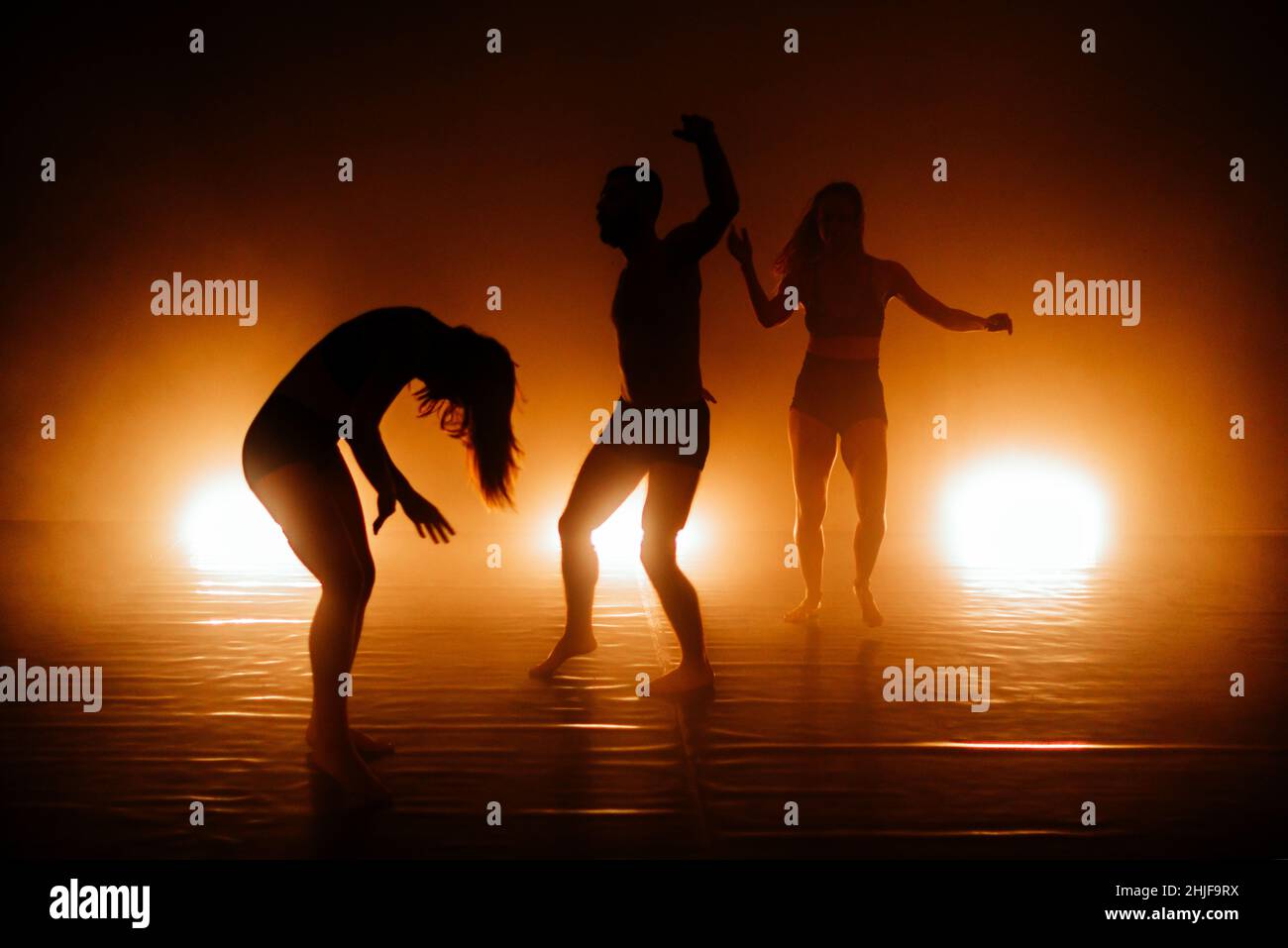 Slim athletic dance group in tights performing modern style ballet ...