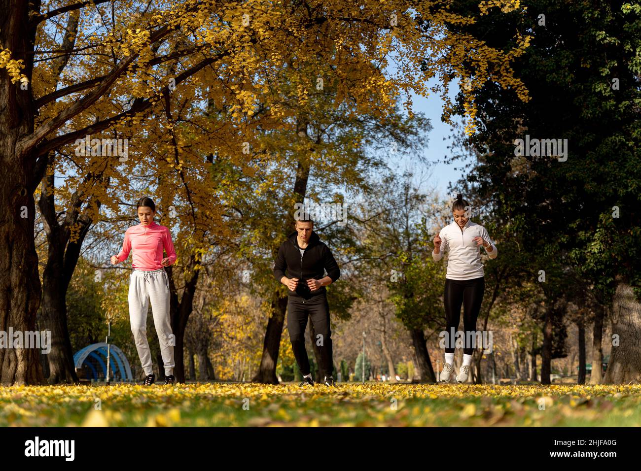 Three attractive and fit friends are begiining with the exercise to ...