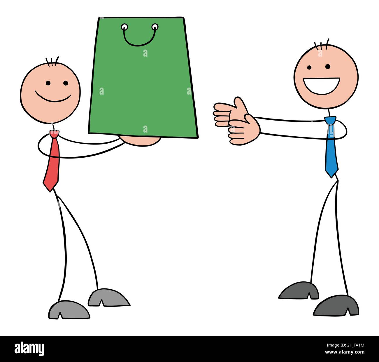 Stickman businessman gives the other stickman a gift of shopping bag ...