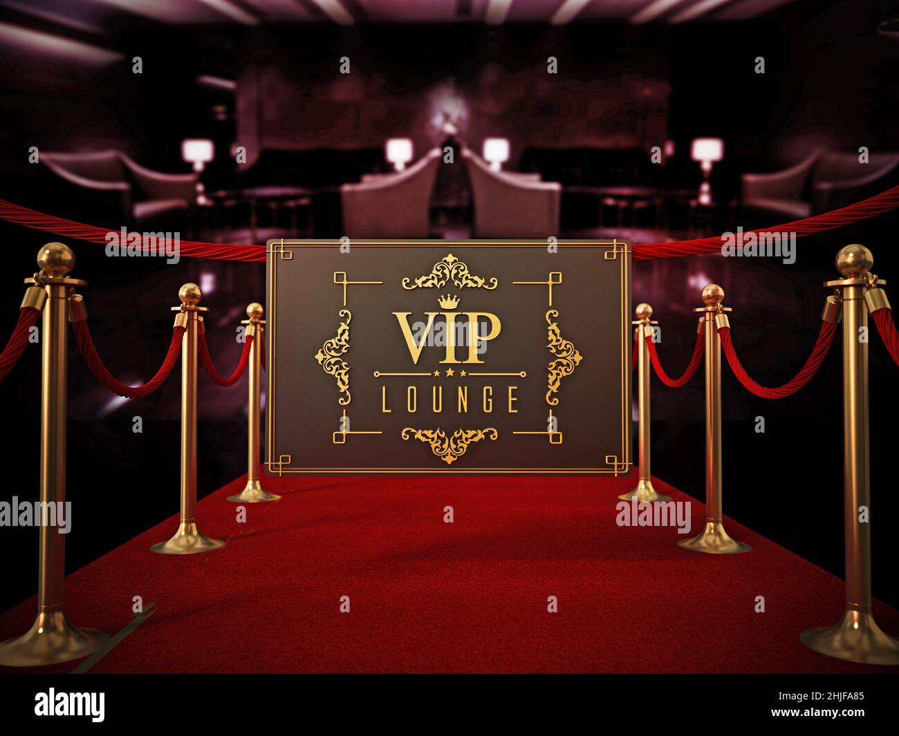 VIP lounge signboard with red carpet and velvet ropes. 3D illustration ...