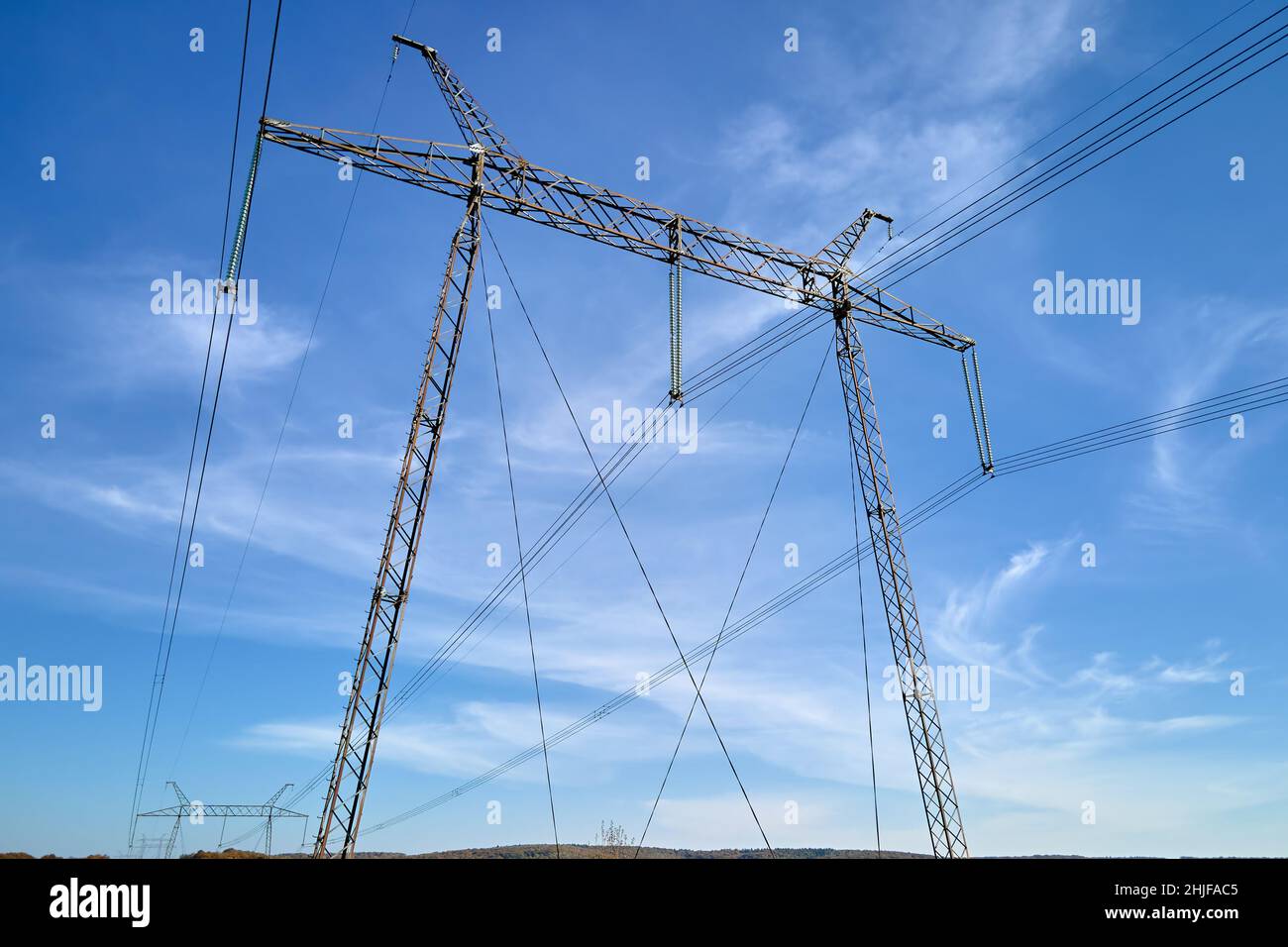 Steel pillar with high voltage electric power lines delivering ...