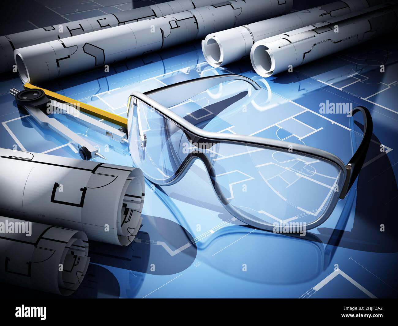 Augmented reality glasses with architectural bluprint floor plans. 3D ...