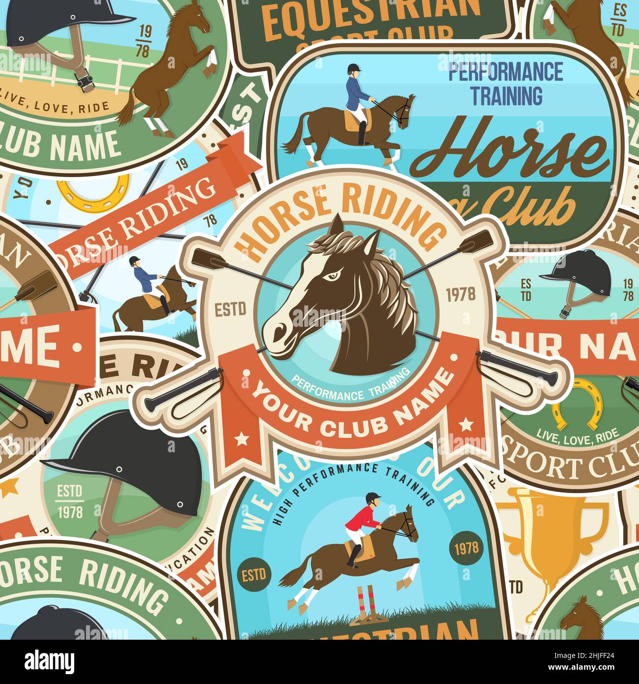 Horse riding patches seamless pattern. Vector. Color equestrian ...