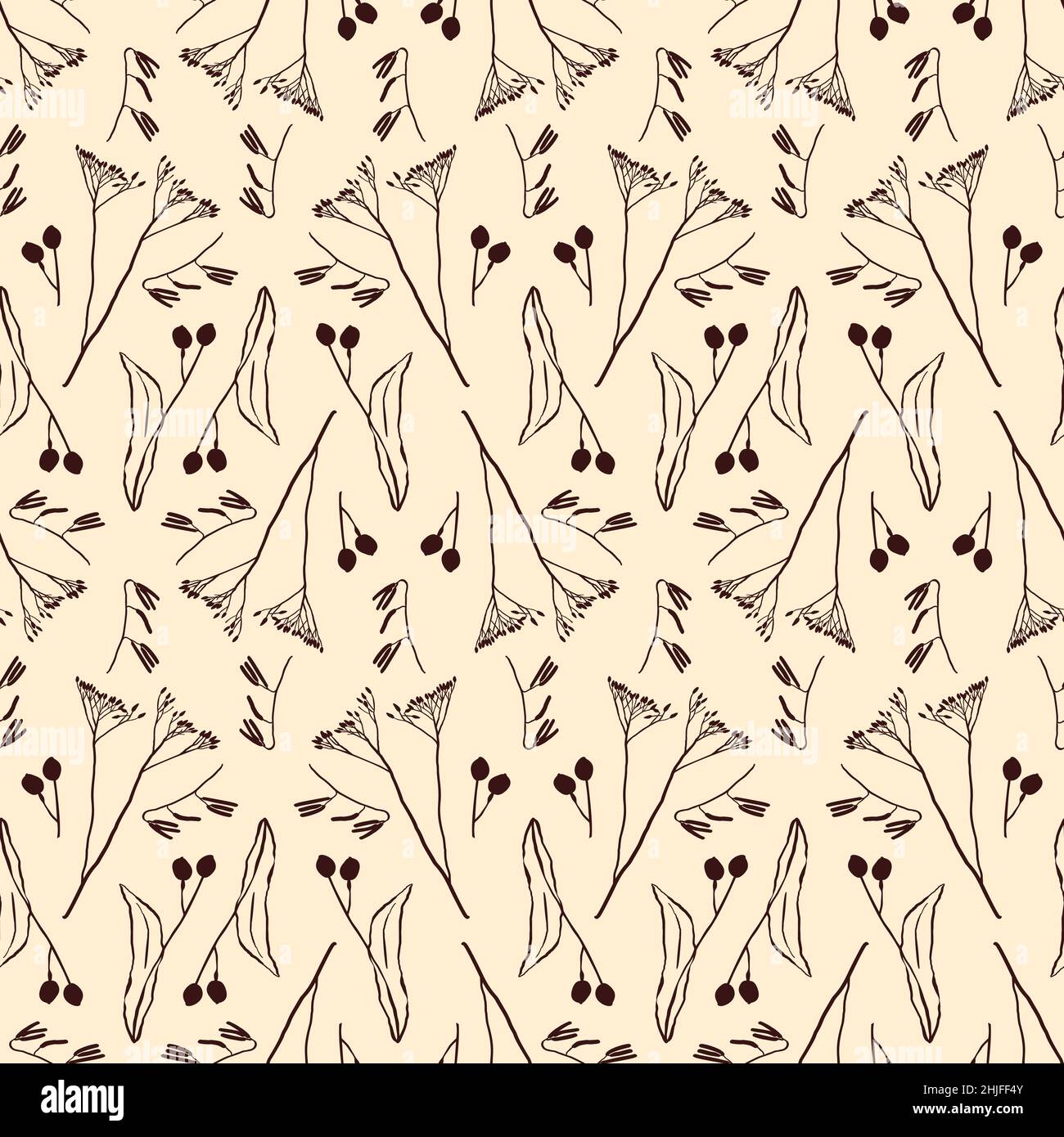 Vintage seamless pattern with botanical line drawings. Earthy neutral ...