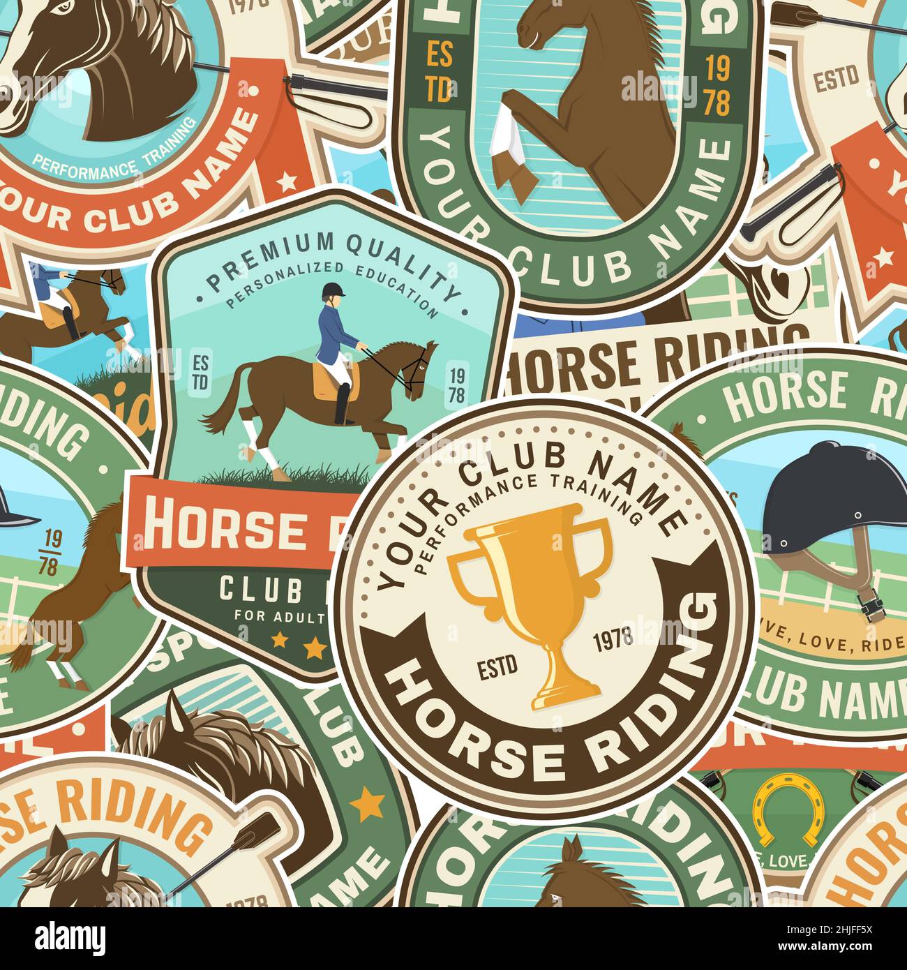 Horse riding patches seamless pattern. Vector. Color equestrian ...
