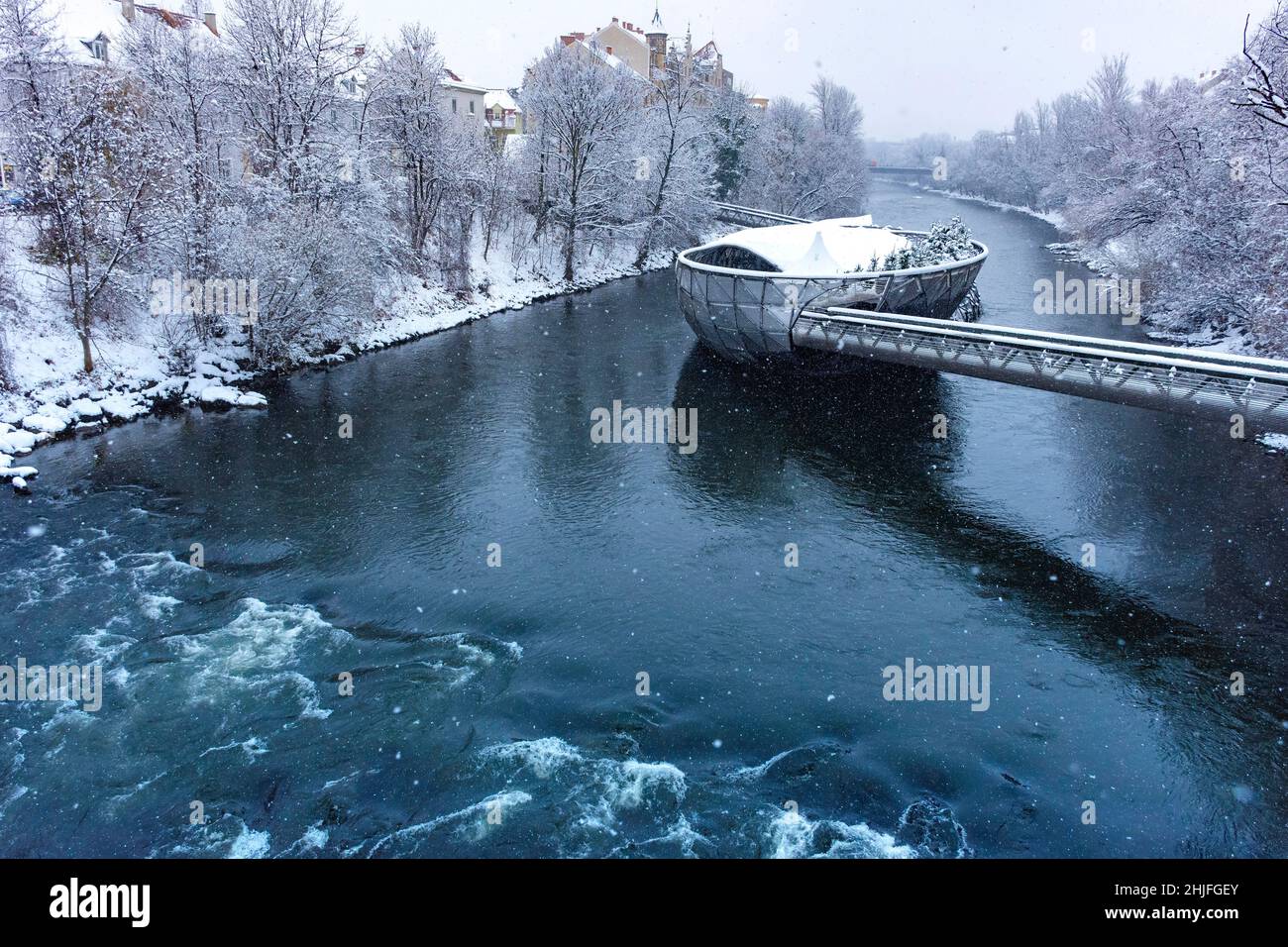 Mur river with Murinsel bridge in Graz, Steiermark region, Austria ...