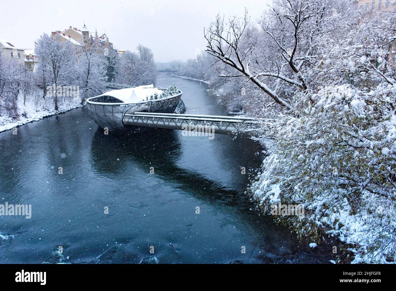 Mur river with Murinsel bridge in Graz, Steiermark region, Austria ...