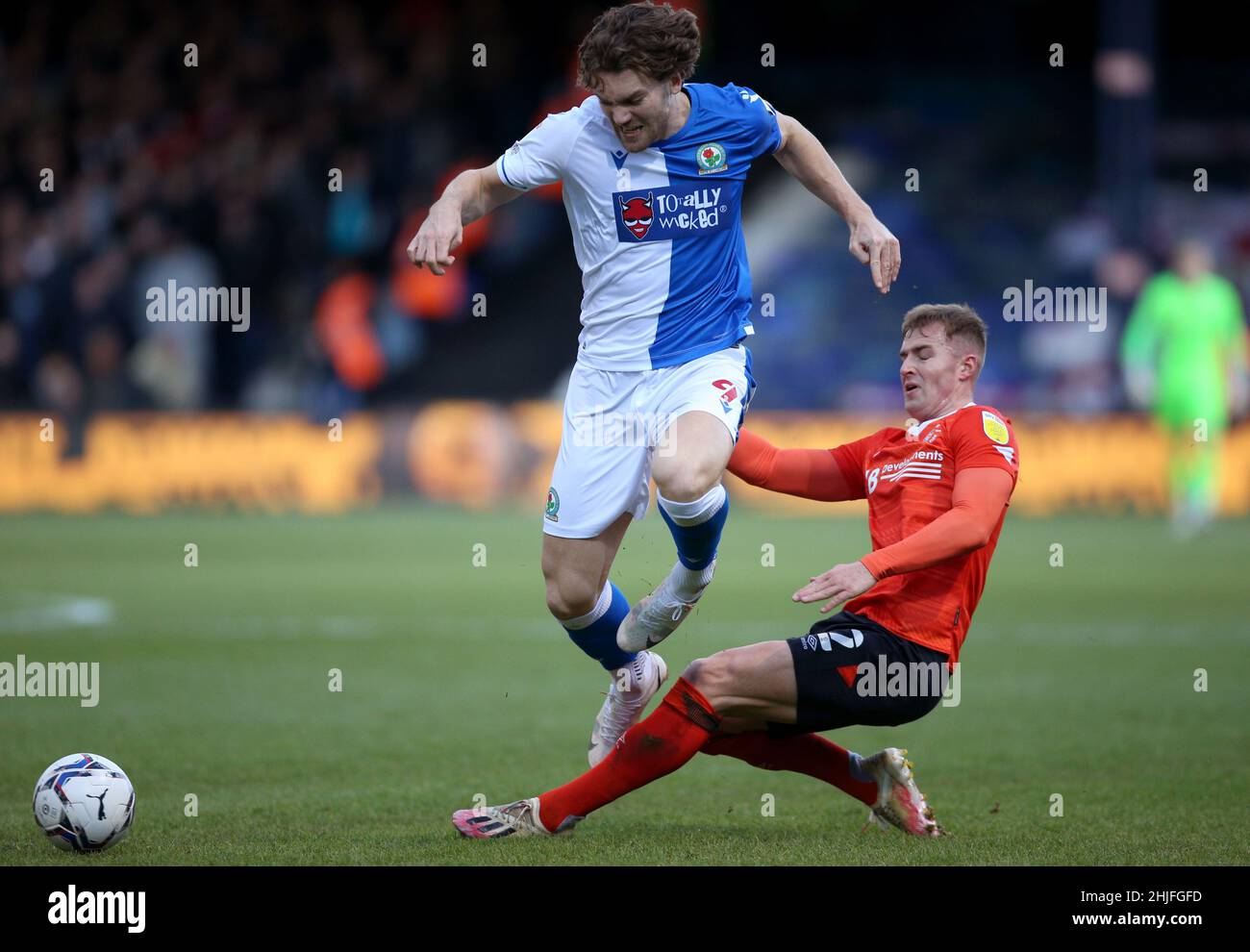 Blackburn Rovers' Sam Gallagher (left) and Luton Town's James Bree ...