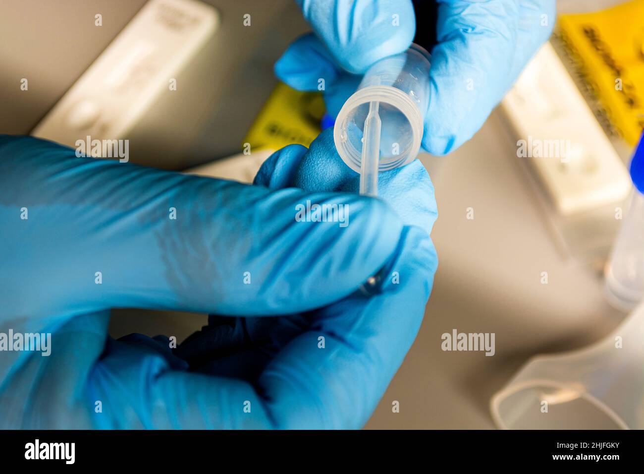 COVID-19 rapid test performed in hospital lab with background of viral ...