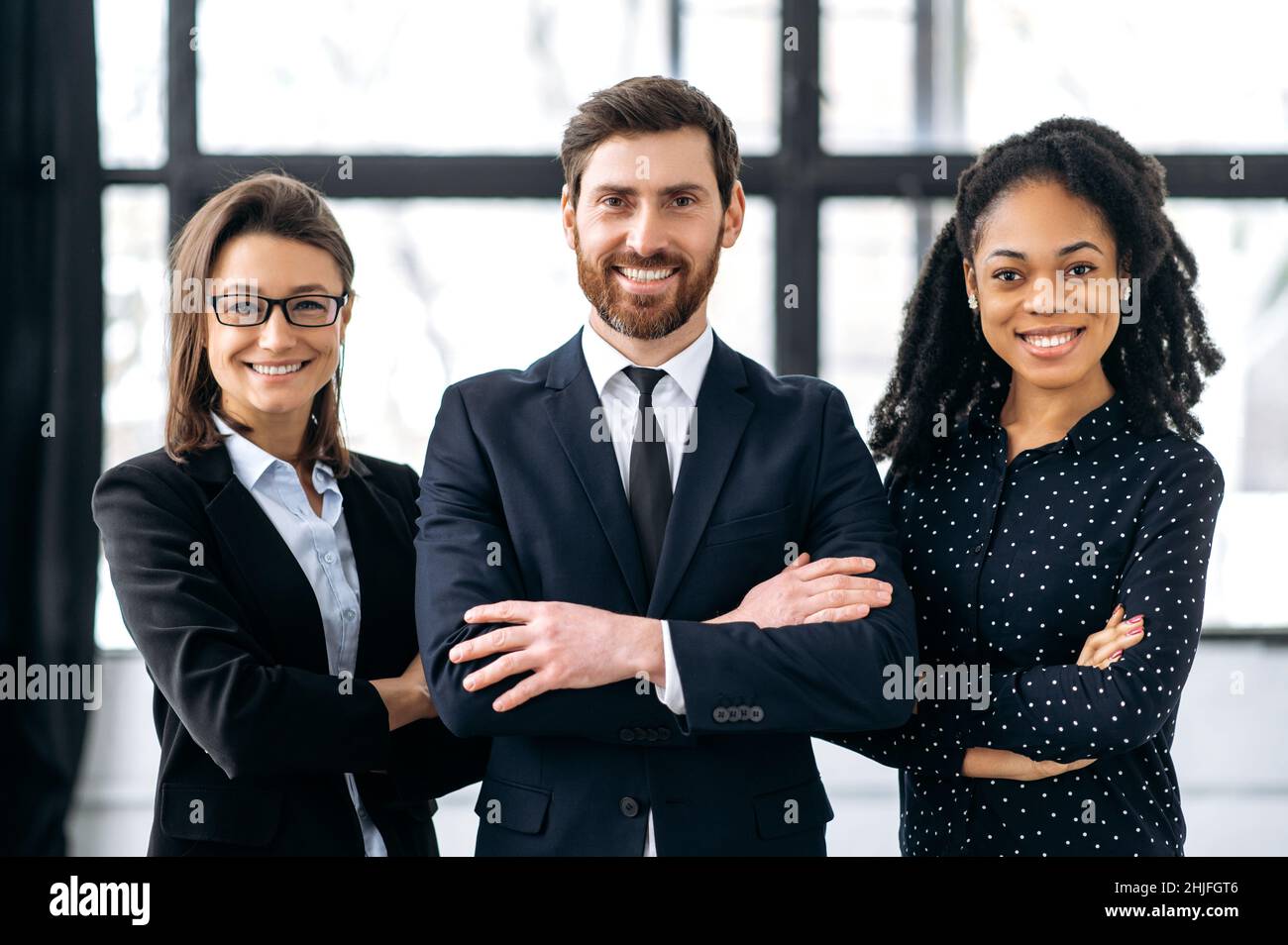 Portrait of group successful multiracial business partners, creative ...