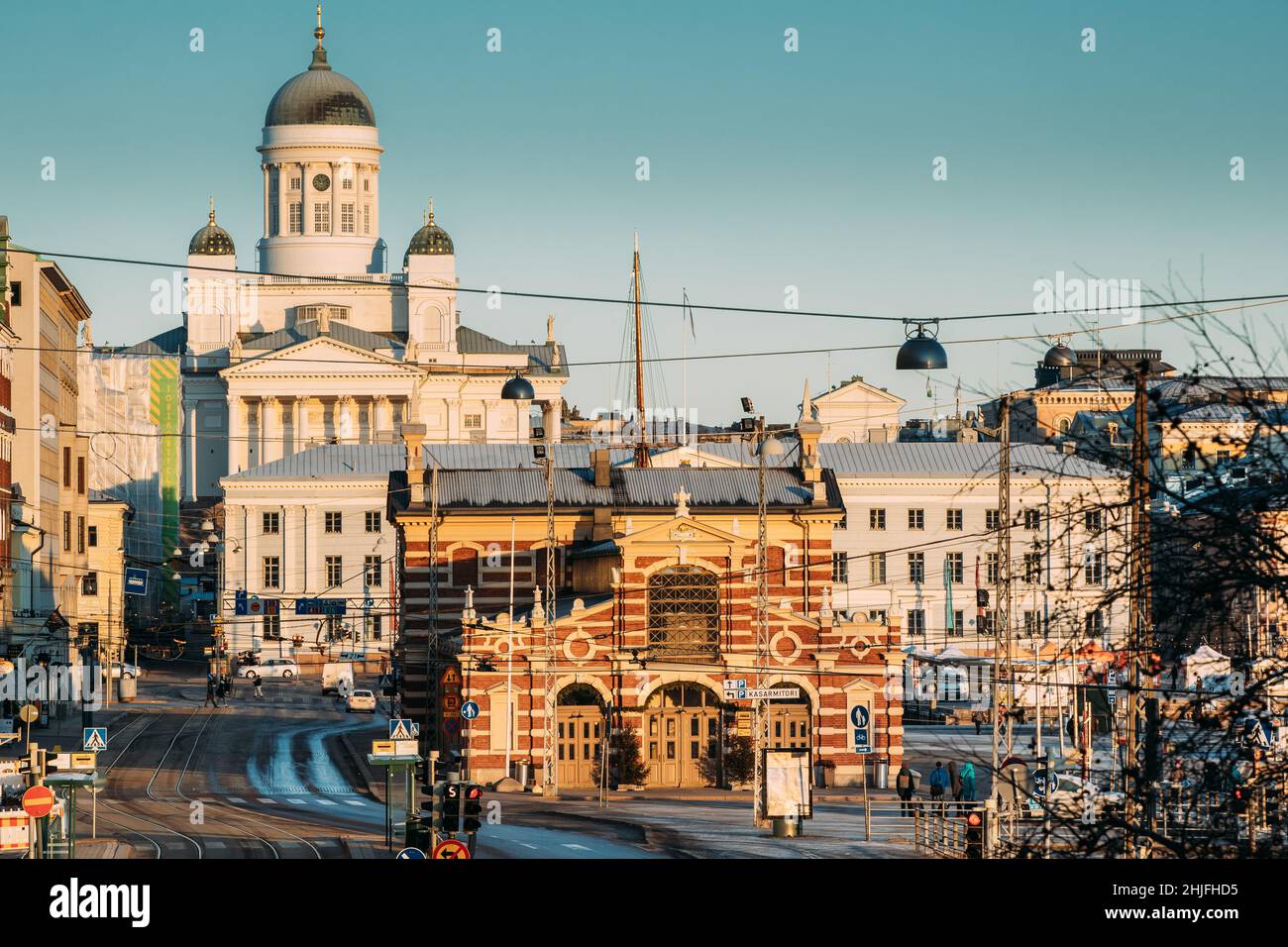 Finland, Helsinki. View Of Helsinki Cathedral And Old Market Hall Vanha ...