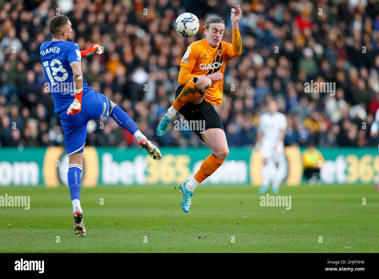 Tom Eaves #9 of Hull City and Ben Hamer #18 of Swansea City Stock Photo ...