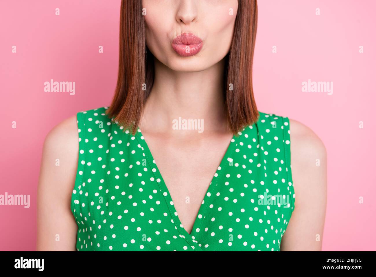 Cropped photo of young lovely girl pouted lips send air kiss lip-gloss ...