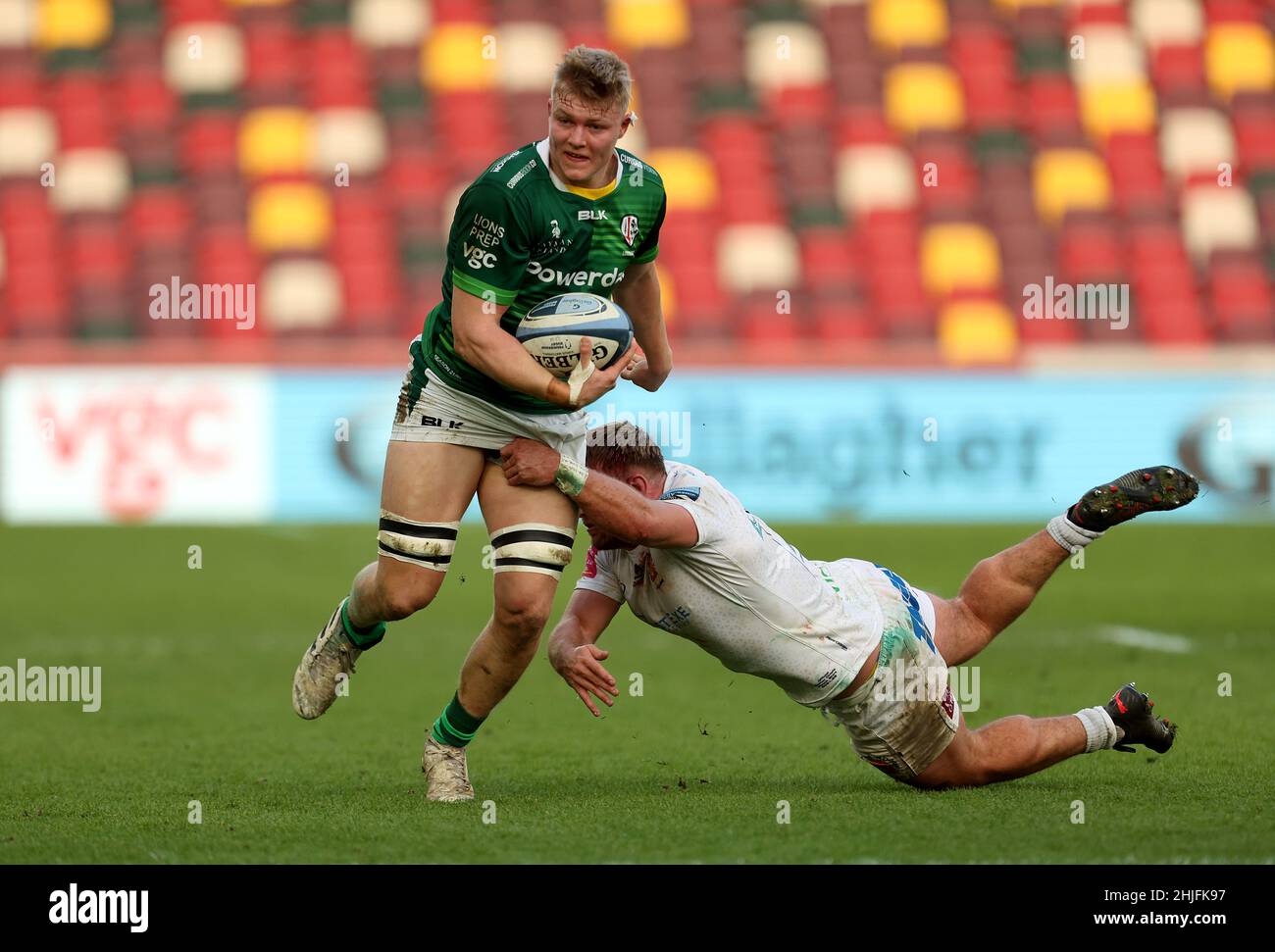 London Irish Tom Pearson tackled by Exeter Chiefs Jack Innard during ...