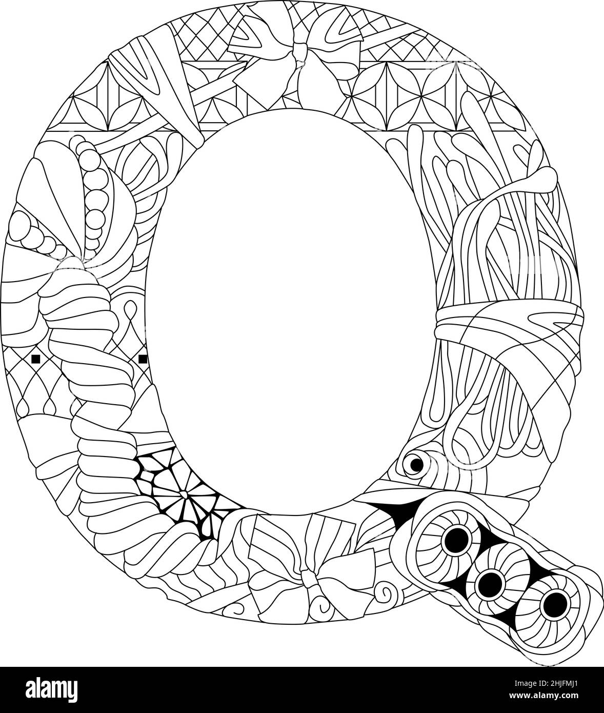 Zentangle stylized alphabet - letter Q for coloring. Vector ...