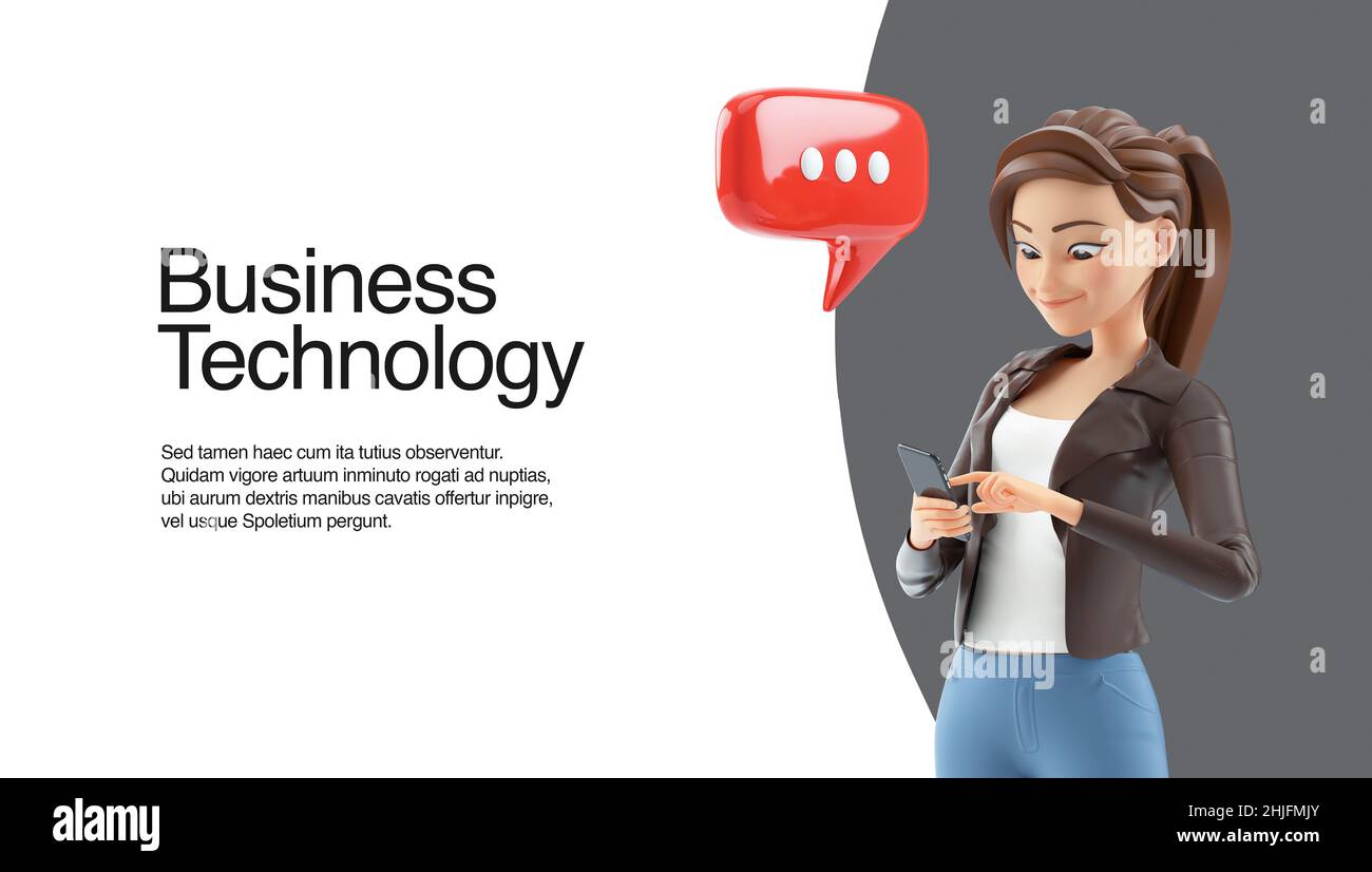 3d cartoon woman texting with smartphone web banner, illustration on ...