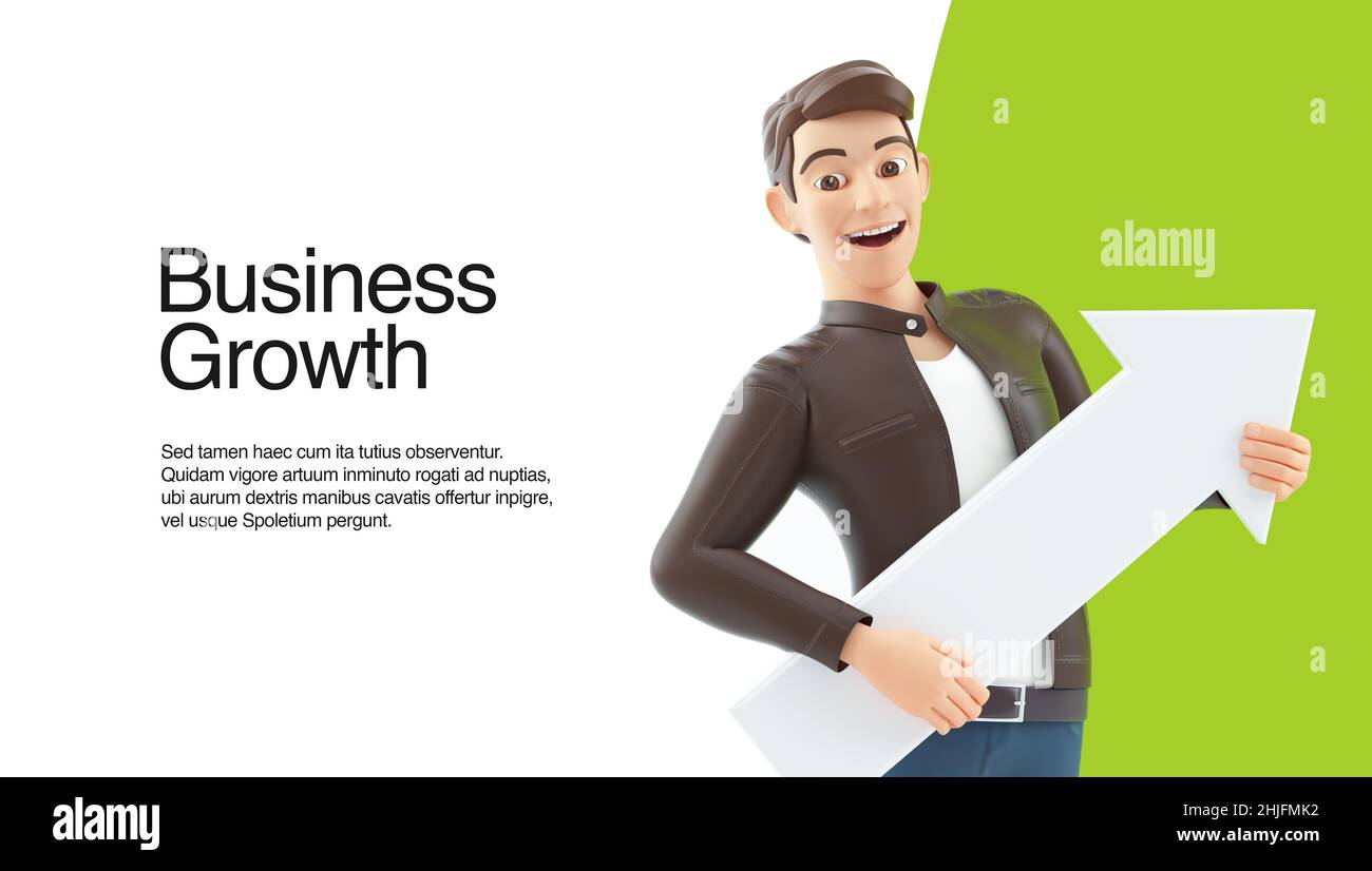 3d cartoon man holding arrow up web banner, illustration on color ...