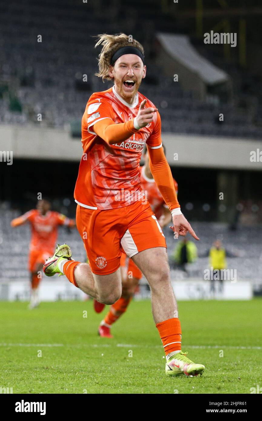 Josh Bowler #11 of Blackpool celebrates his goal to make it 1-1 in ...