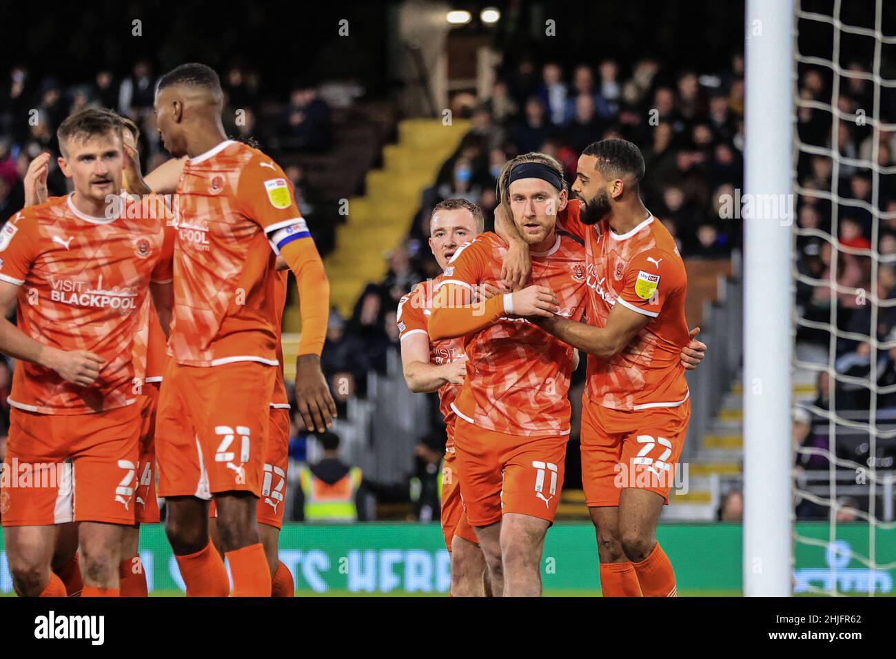 Josh Bowler #11 of Blackpool celebrates his goal to make it 1-1 with ...
