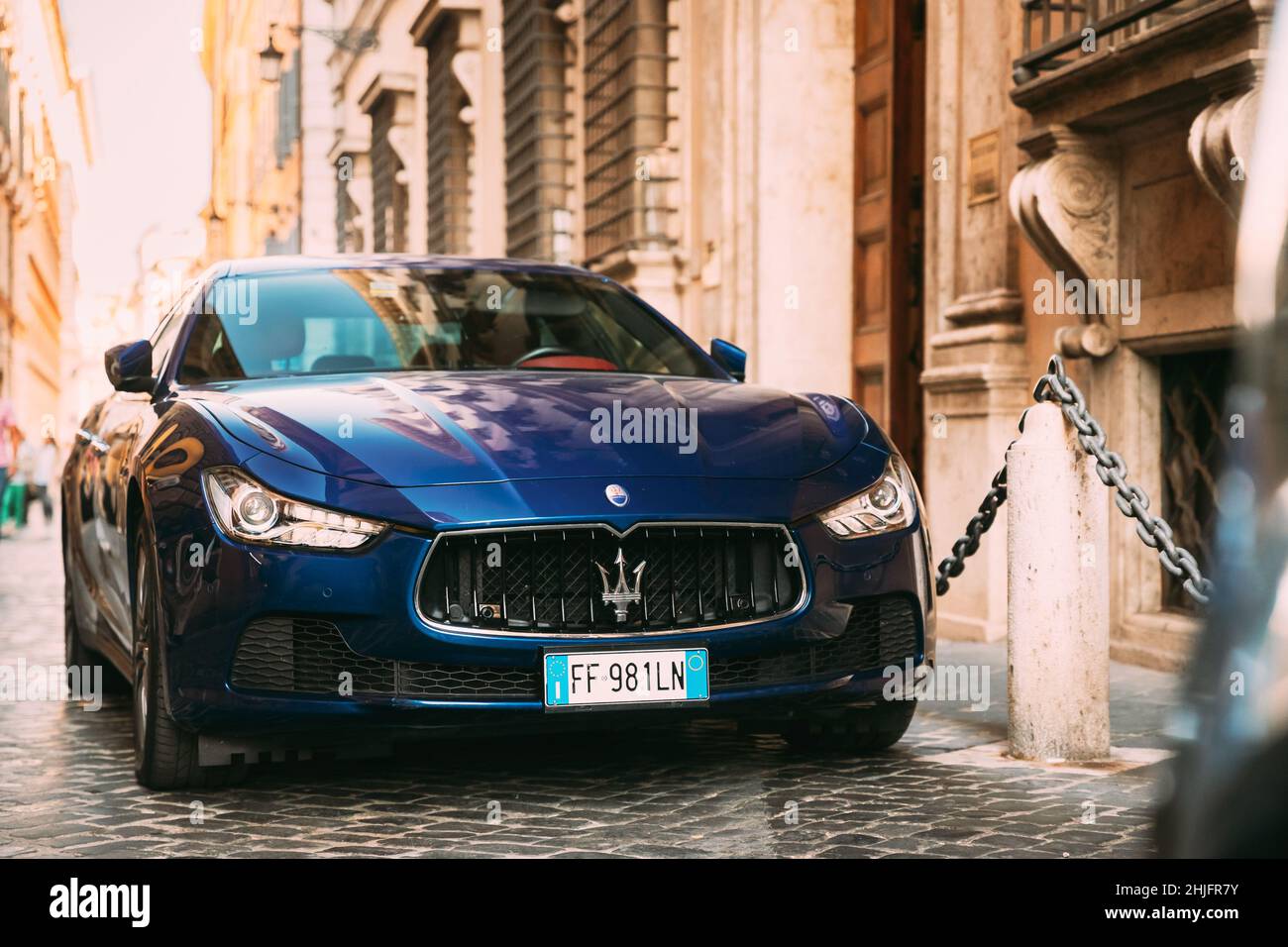 Rome, Italy. Blue Color Maserati Ghibli M157 Car Parked At Street Stock ...