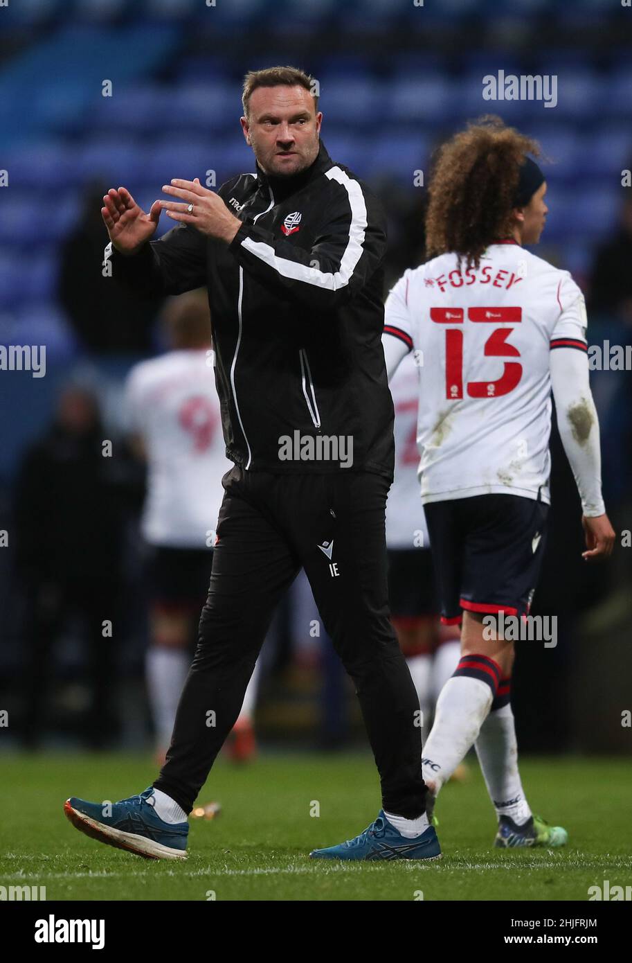 Bolton Wanderers manager Ian Evatt applauds the fans following the Sky ...