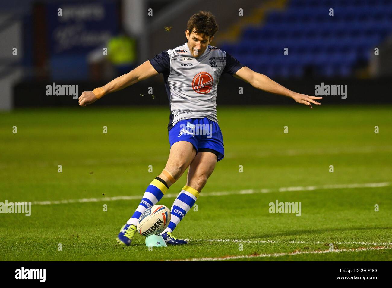 Stefan Ratchford (1) of Warrington Wolves kicks at goal during pre ...