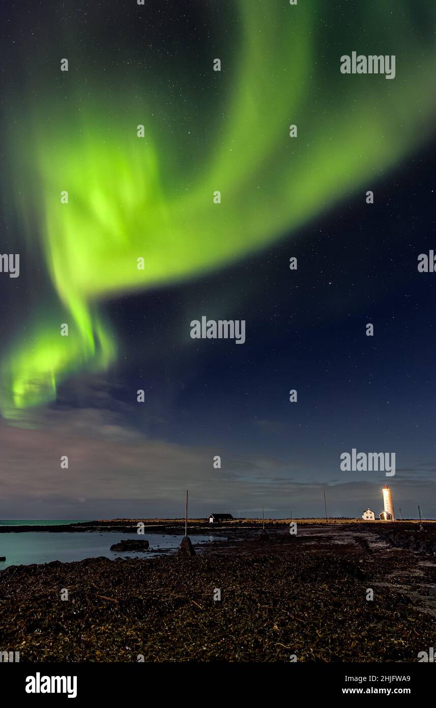 Spectacular show of the Northern Lights over Grotta Island lighthouse ...