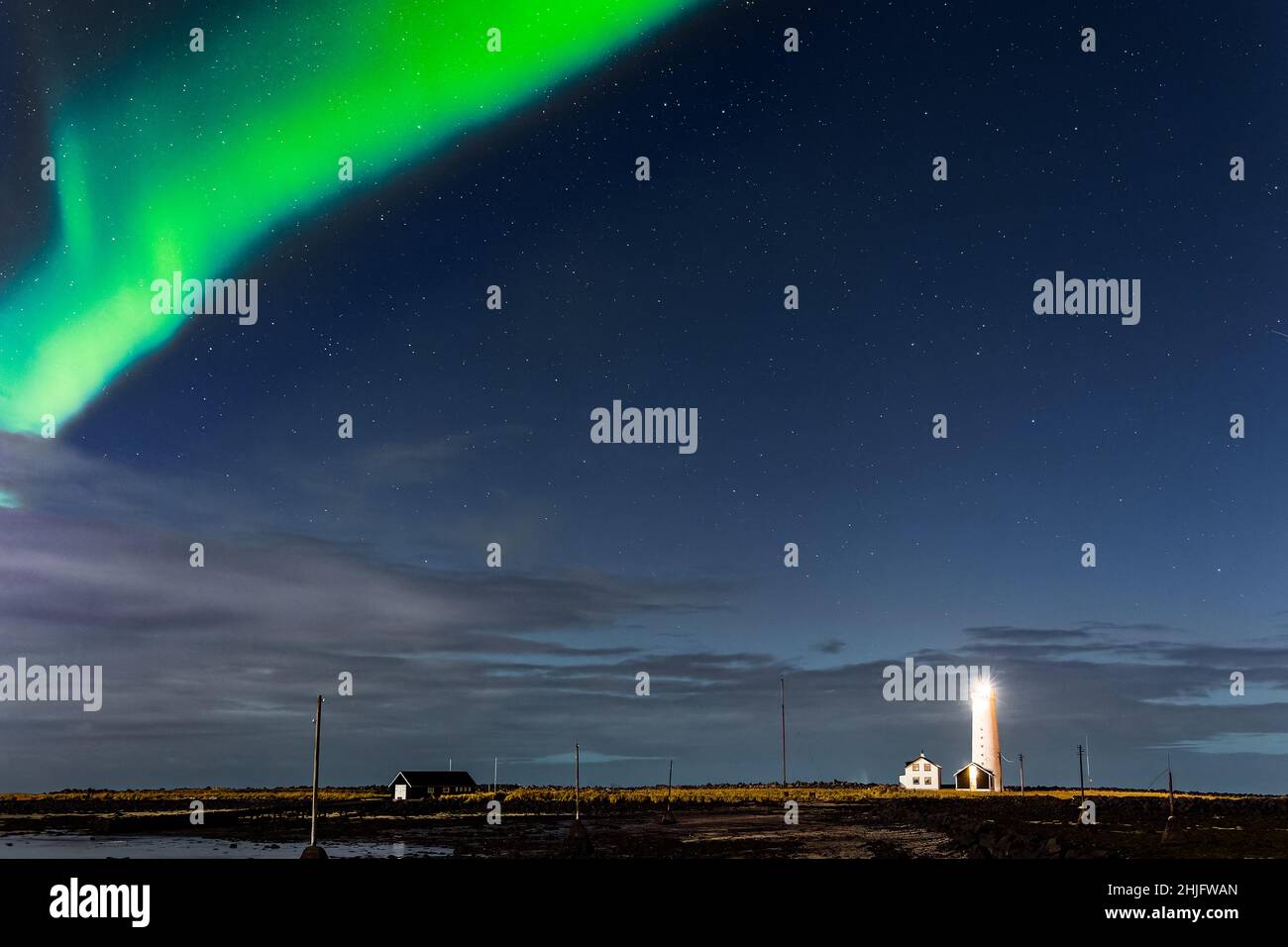 Spectacular show of the Northern Lights over Grotta Island lighthouse ...