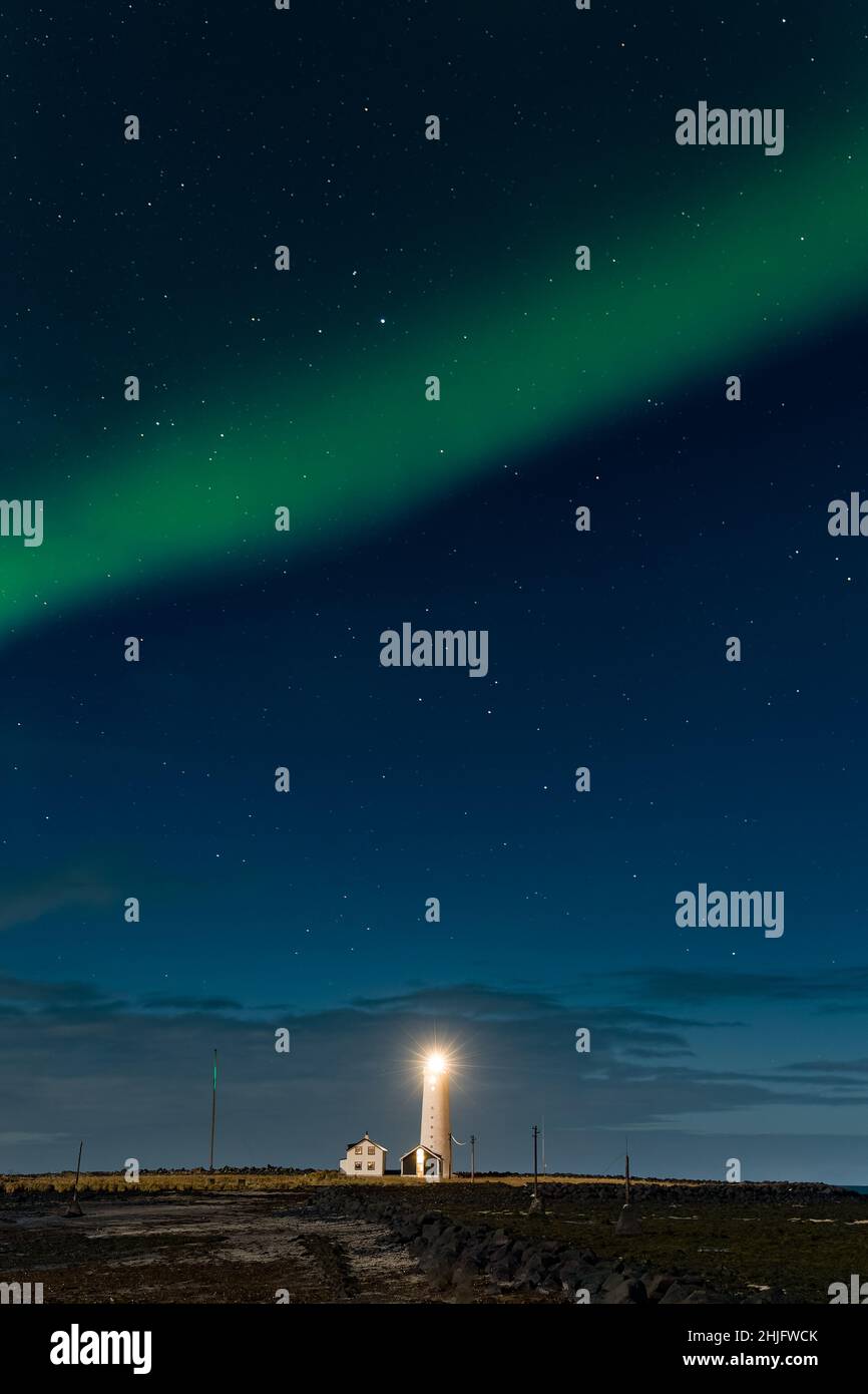 Northern Lights displaying above Grotta Island Lighthouse in the ...