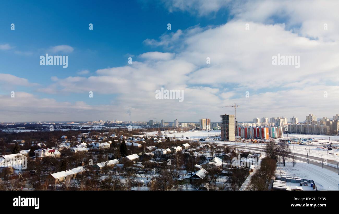 Low-rise urban development. The ground and buildings are covered with ...