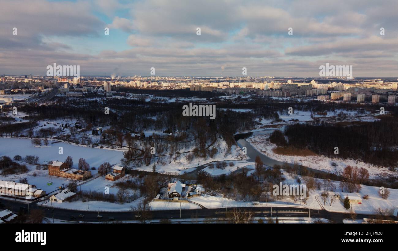 Low-rise urban development. The ground and buildings are covered with ...