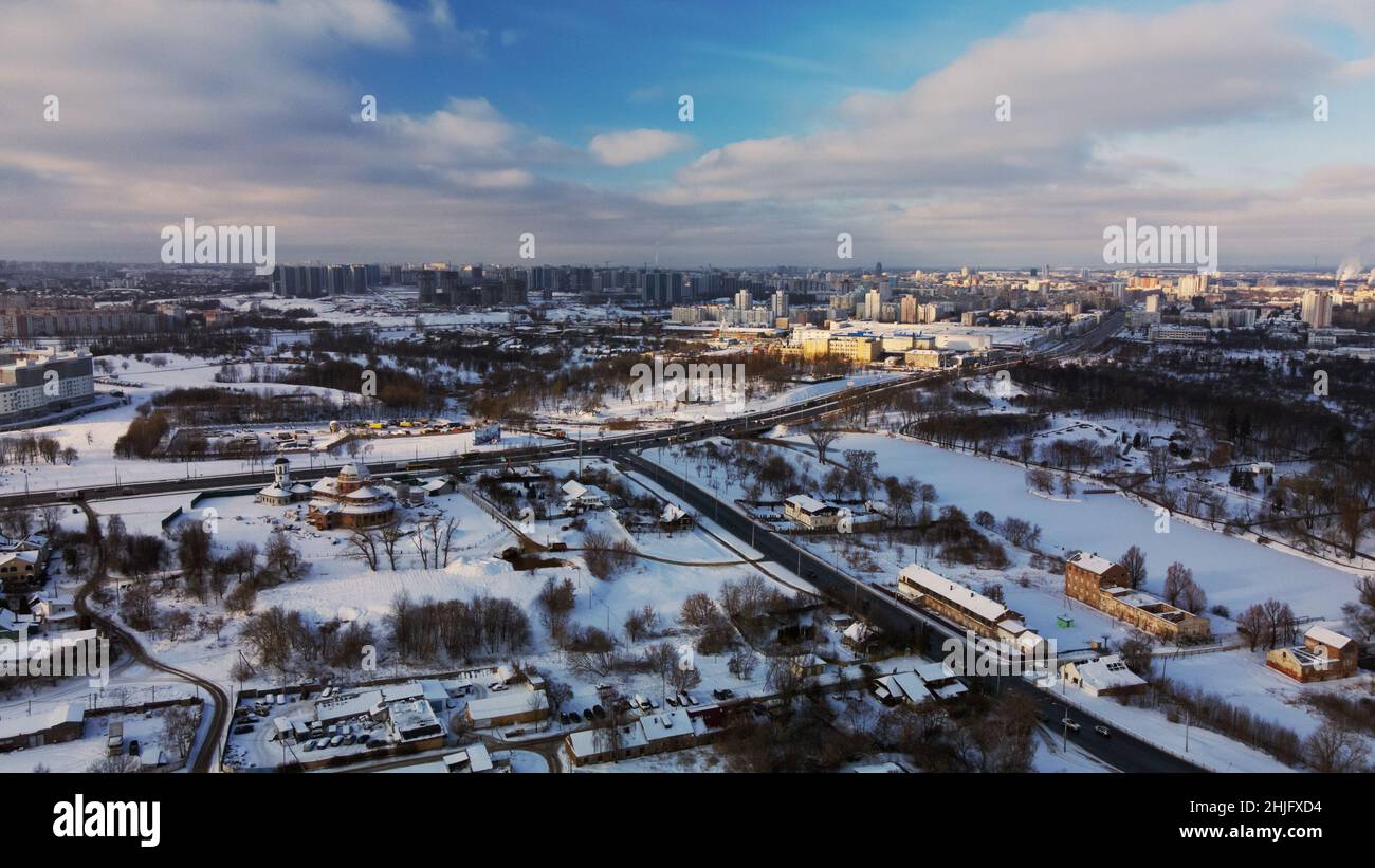 Low-rise urban development. The ground and buildings are covered with ...