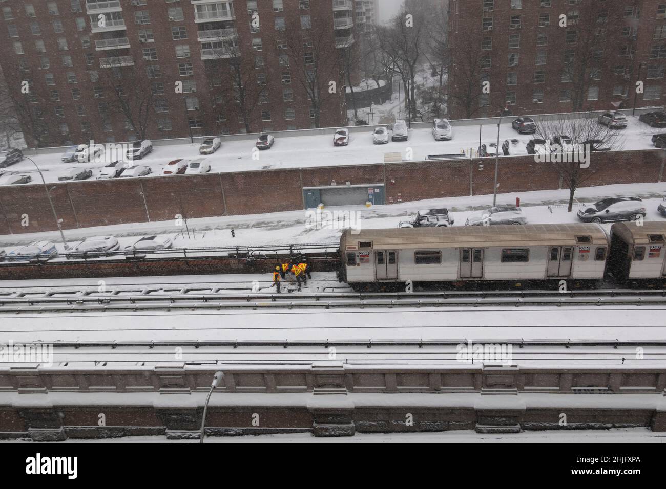 New York USA. 2022. Frozen snow. clearing signaling equipment from ...