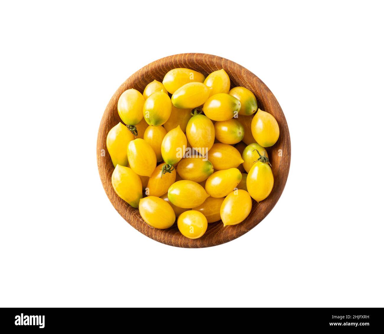 Yellow tomatoes lay on white background. Top view. Cherry tomatoes on a ...