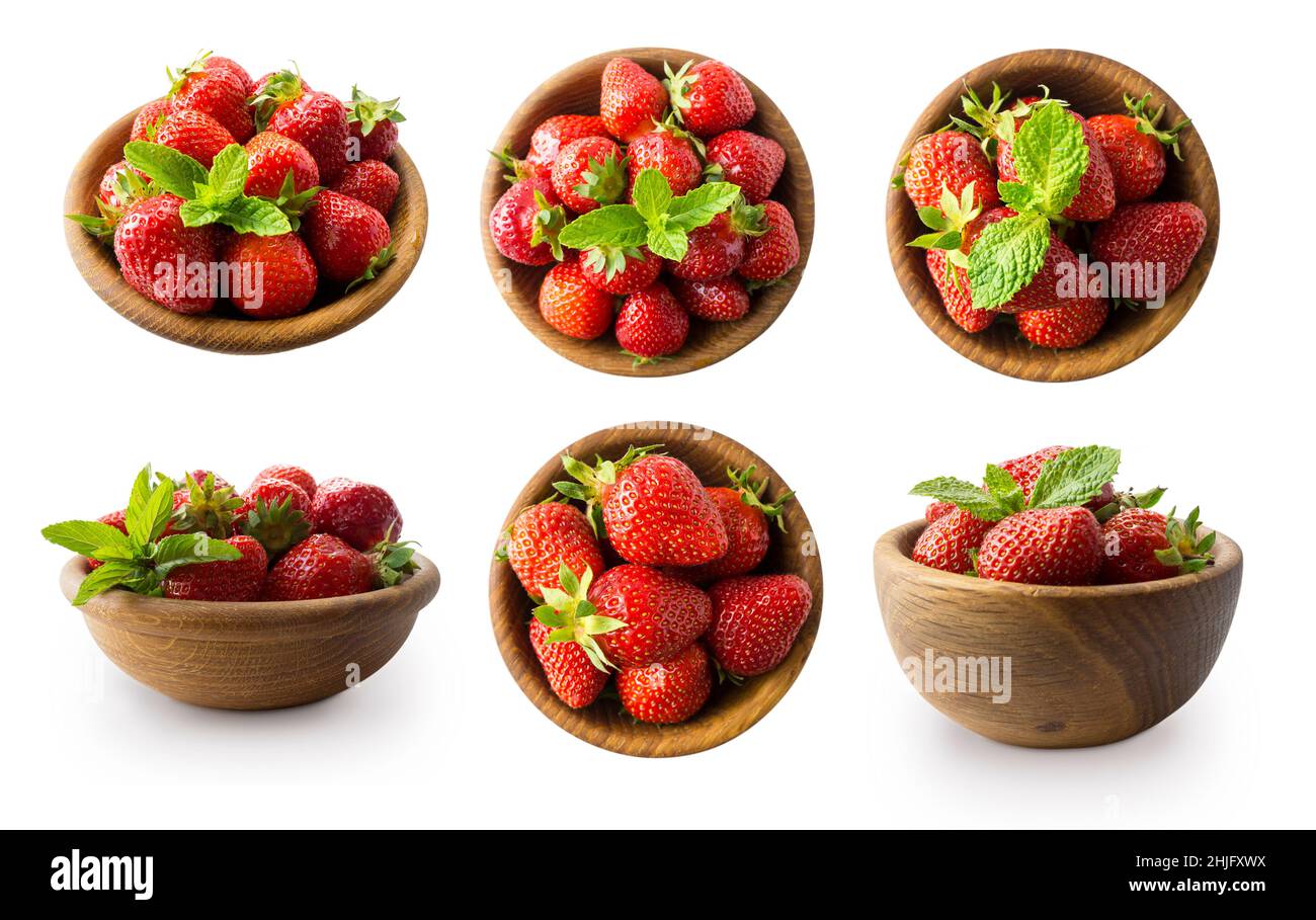 Strawberries on wooden bowl. Set of strawberries isolated on white cut ...