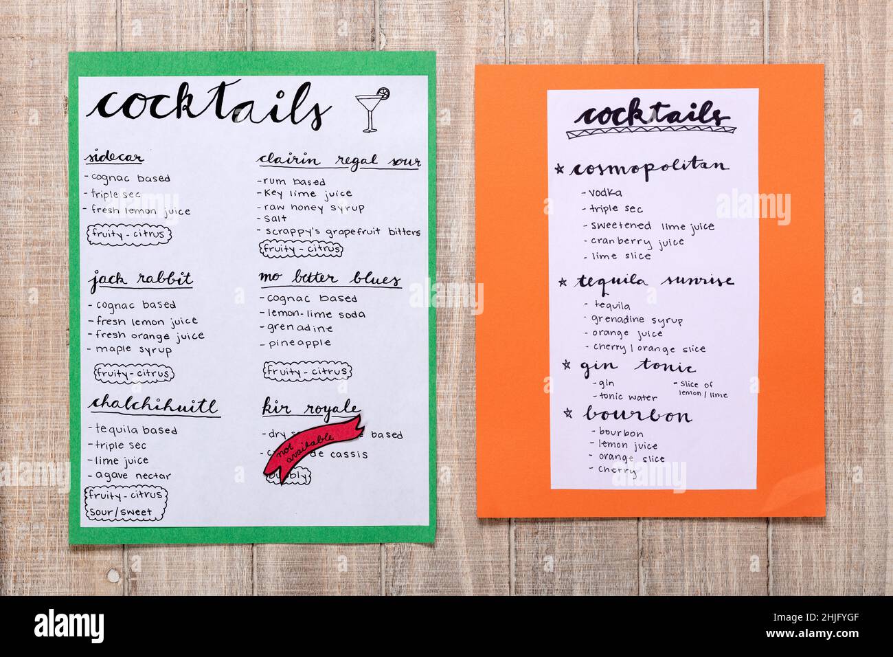 Handmade cocktail menus design on vintage wood background Stock Photo ...