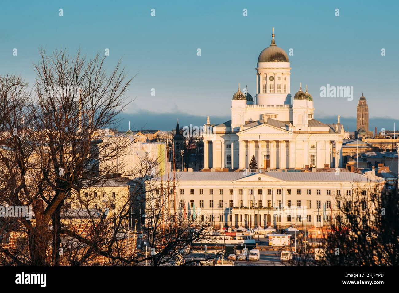 Finland, Helsinki. Top View Of Helsinki Cathedral And City Hall In ...