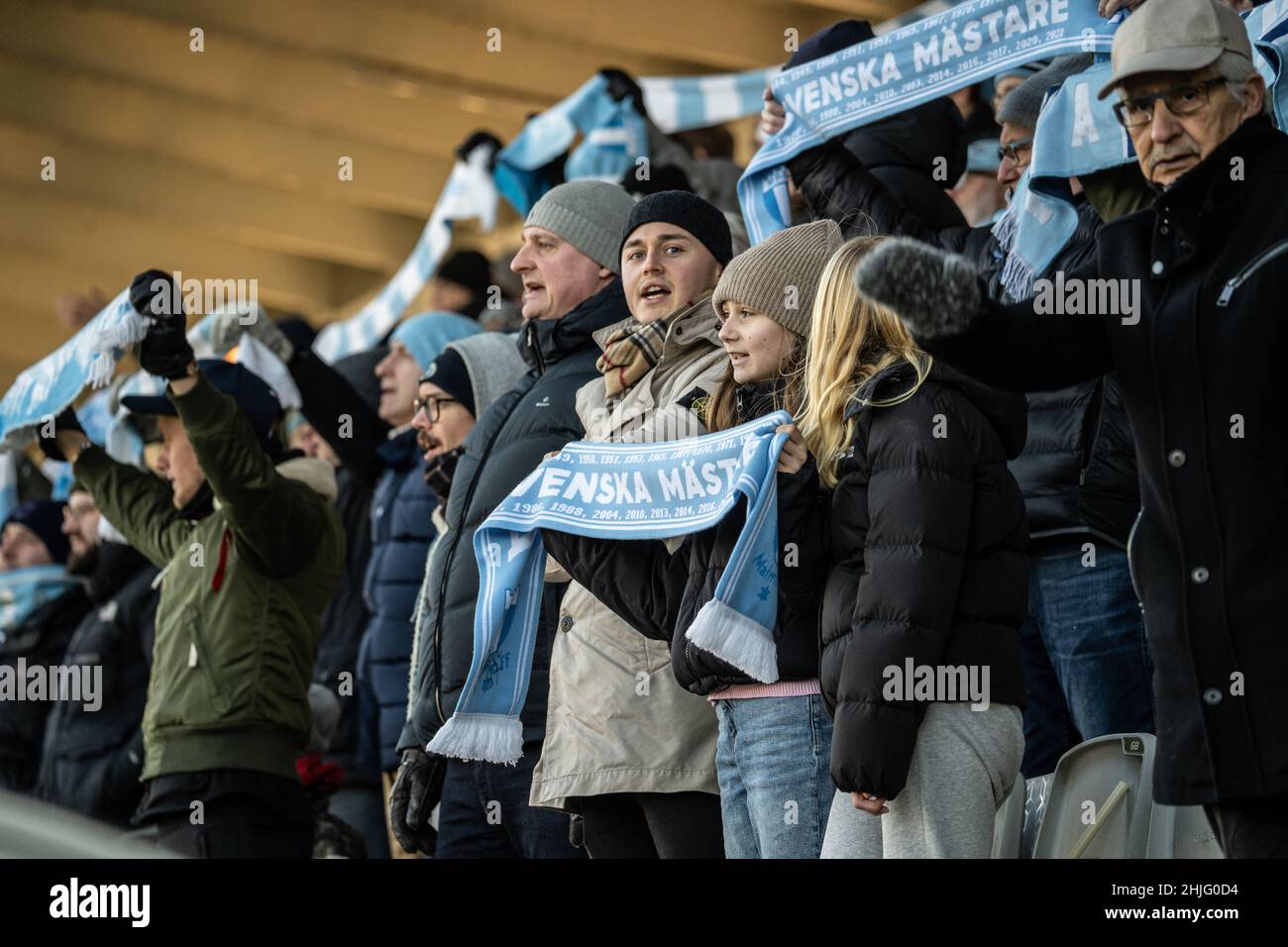 Malmoe, Sweden. 28th Jan, 2022. Football fans of Malmoe FF seen on the ...