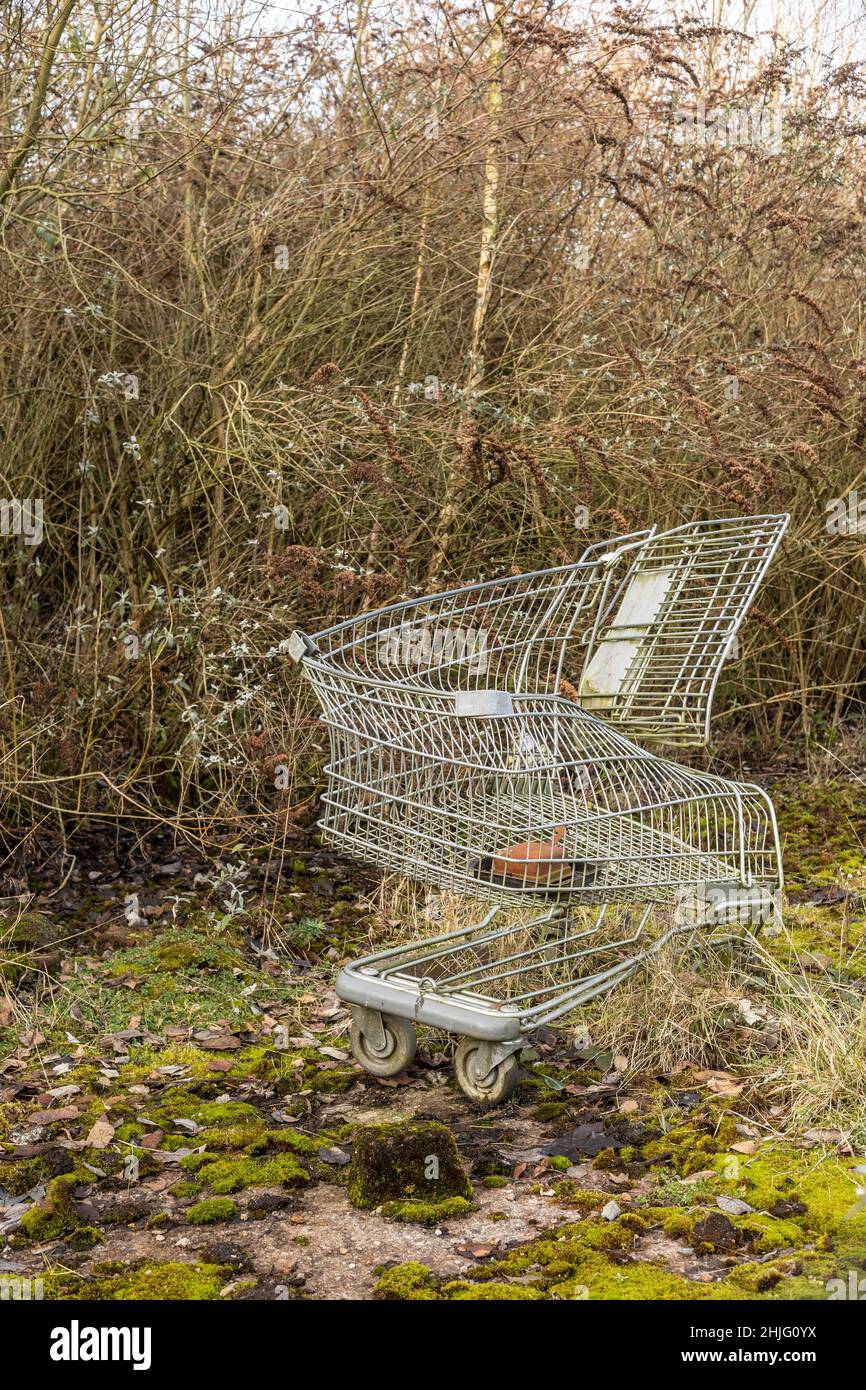 discarded mangled shopping trolley dumped on spare ground Stock Photo ...