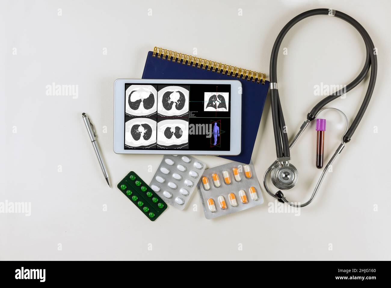 Medicall office workplace with a stethoscope with medical table CT scan ...