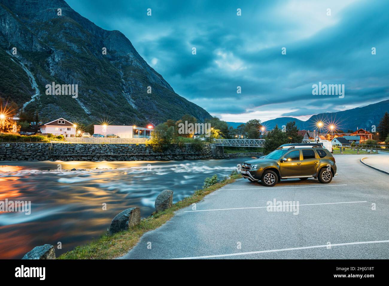 Eidfjord, Norway. Car Renault Duster SUV Parked Near Mountains River In ...