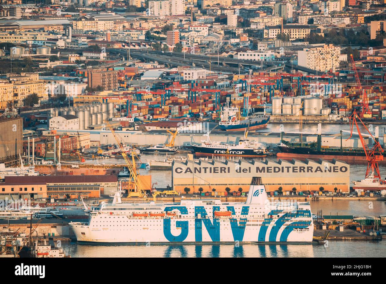 Naples, Italy. Top View Of Barge Freight Ship Tanker And Container ...