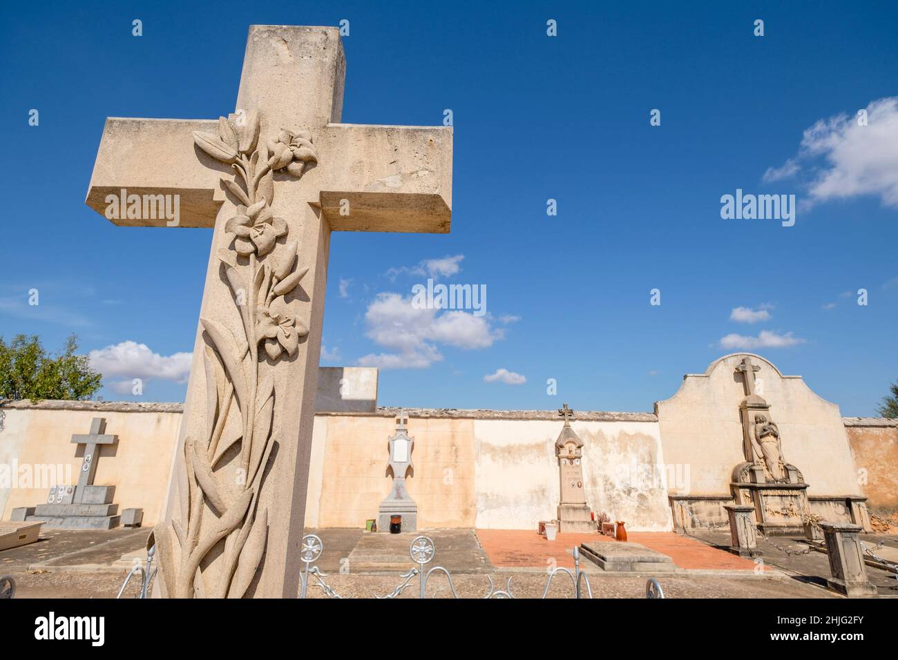 cross with lilies, Campos cemetery, Mallorca, Balearic Islands, Spain ...