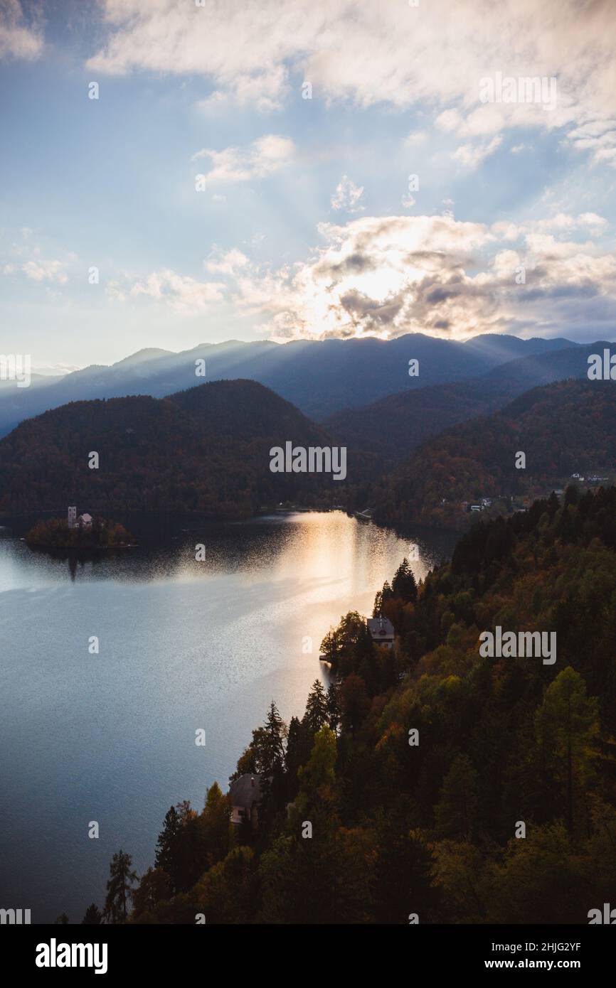 Magical autumn landscape with the island on Lake Bled Blejsko jezero ...