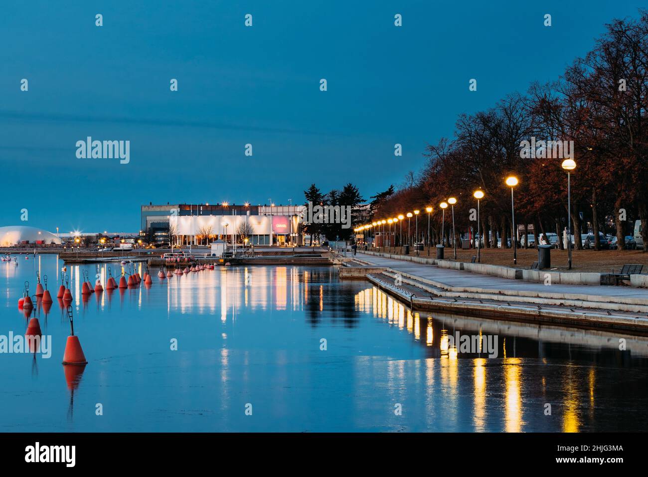 Helsinki, Finland. Night View Of City Park Meripuisto. Street Promenade ...
