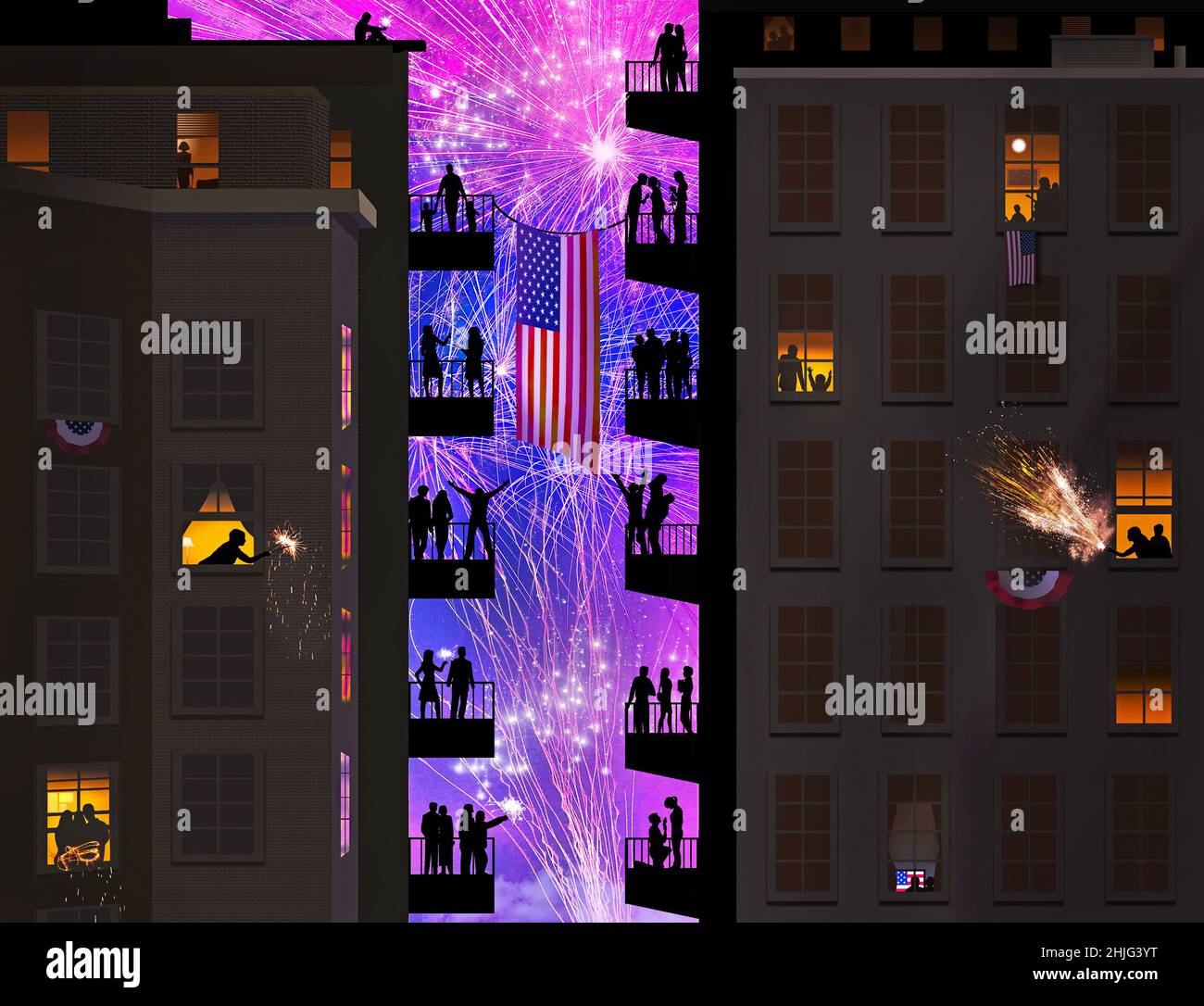 People on their balconies on two high rise apartment buildings watch ...