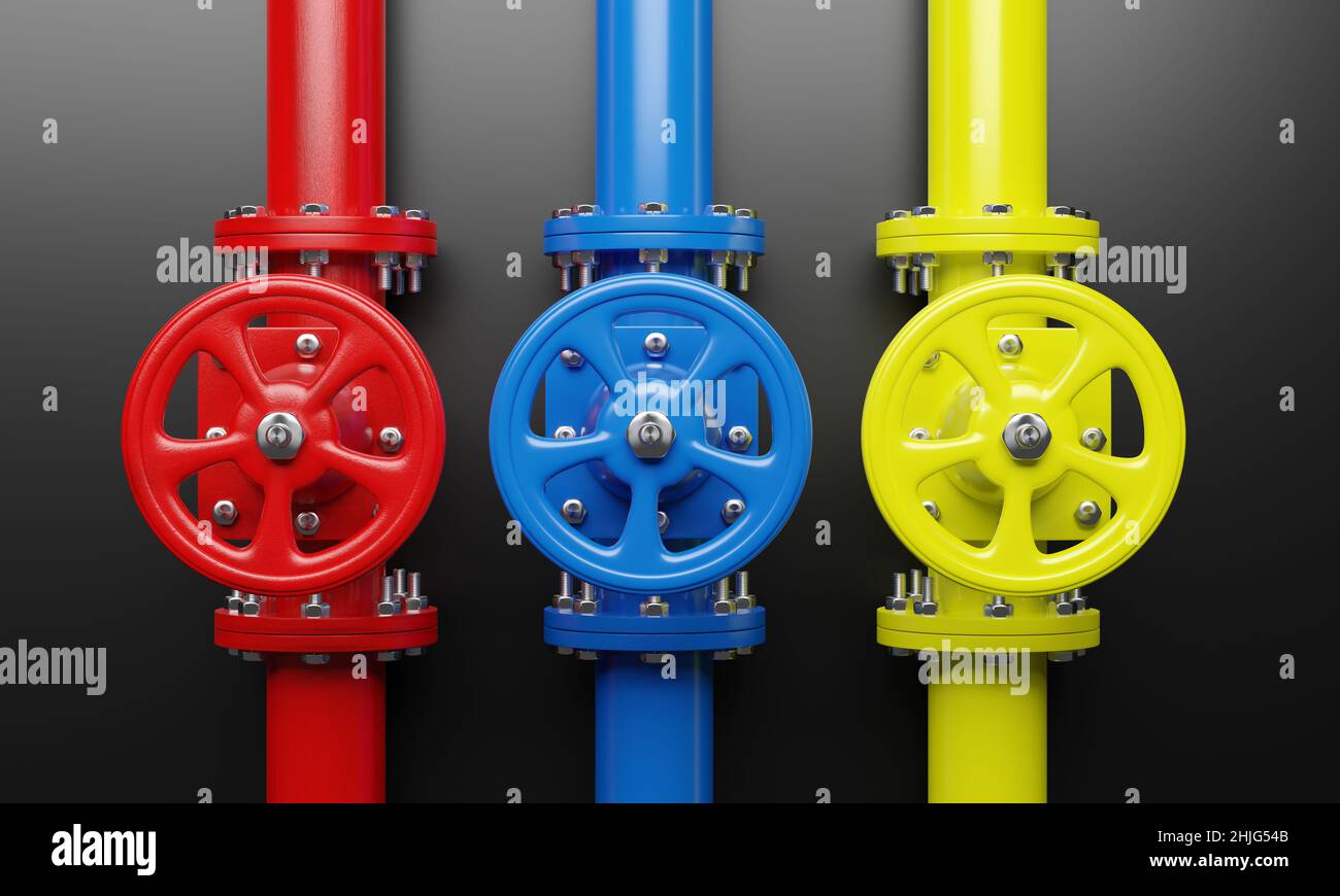 Pipe line and valve with wheel on black background. Red, yellow and ...