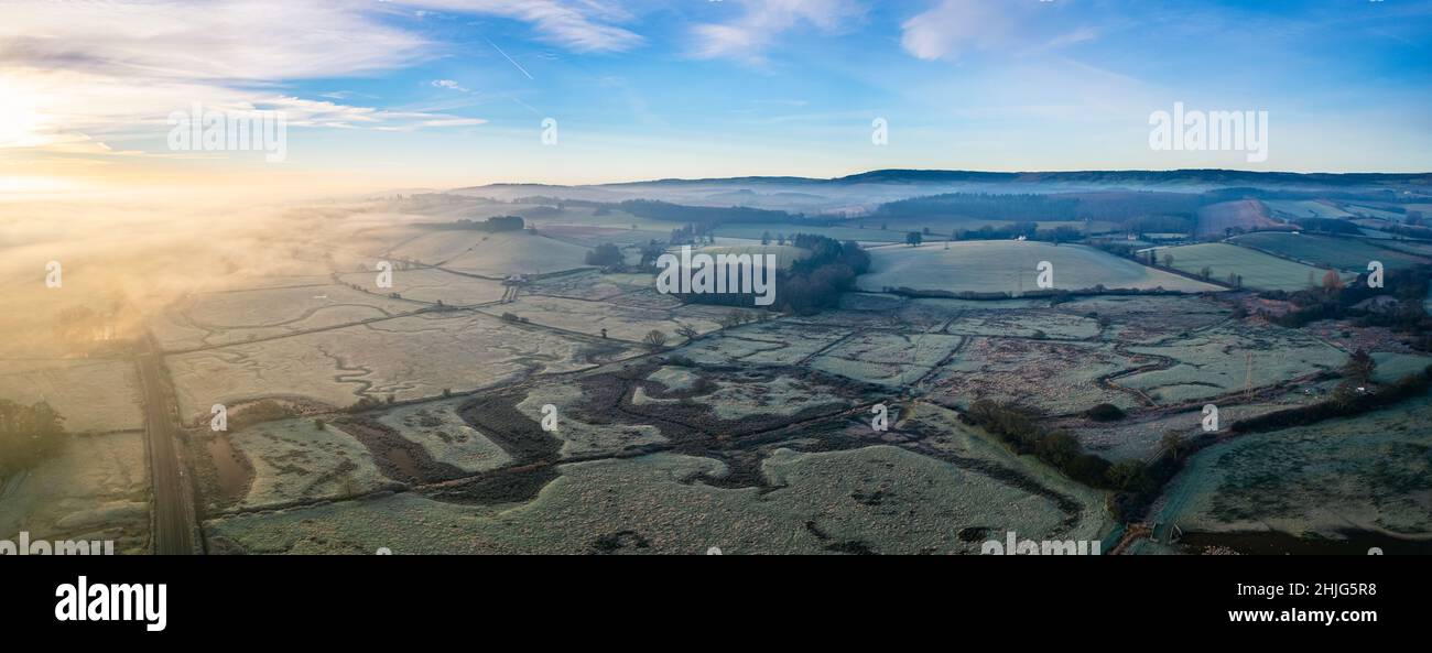 Sunrise over Marshland and River Exe in fog, RSPB Exminster and ...