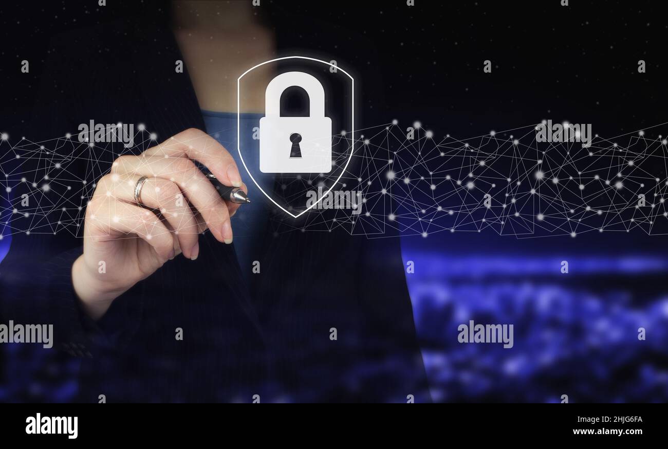 Data protection from hacker.GDPR. Hand holding digital graphic pen and ...