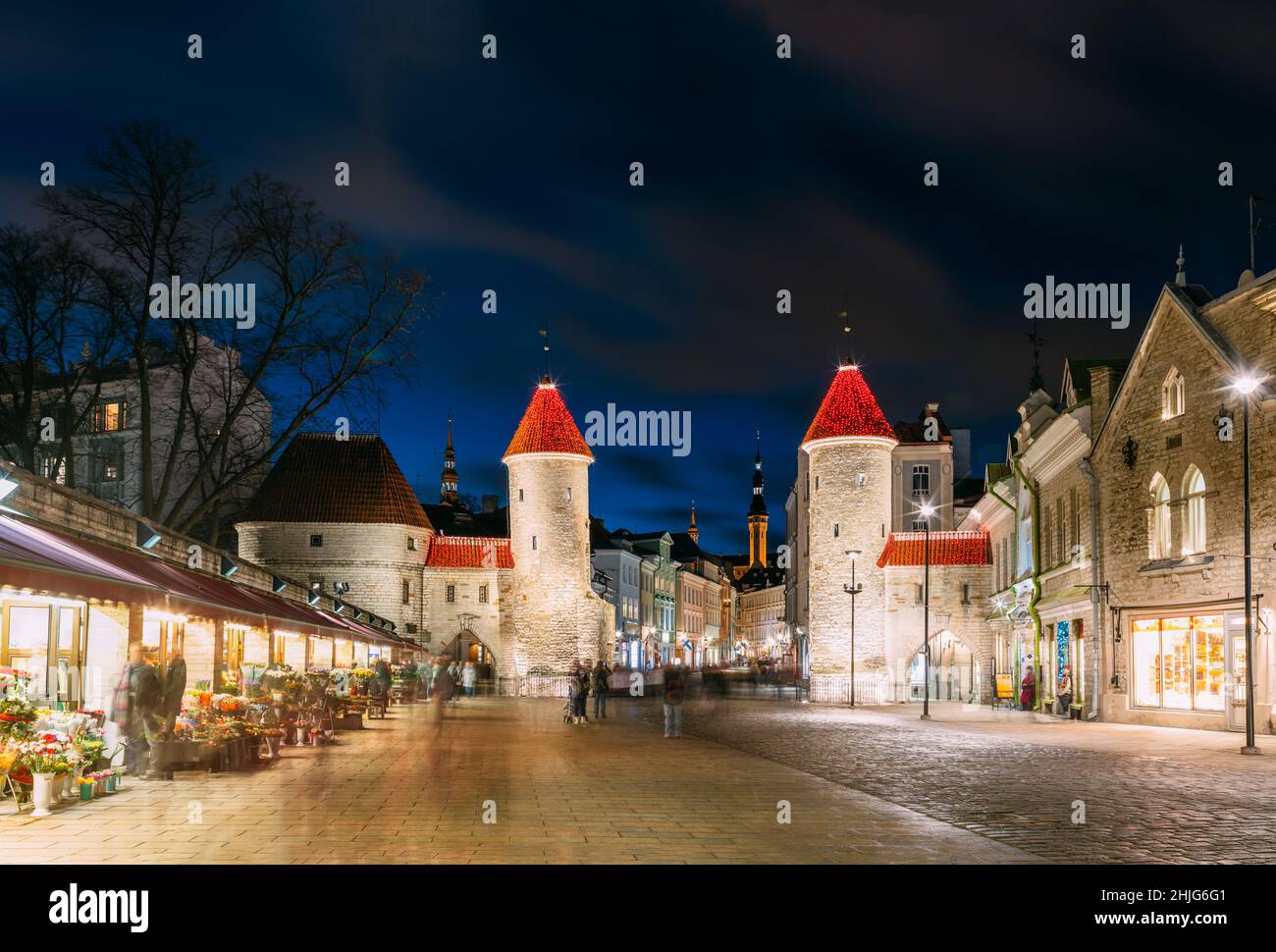 Tallinn, Estonia. Famous Landmark Viru Gate In Street Lighting At ...